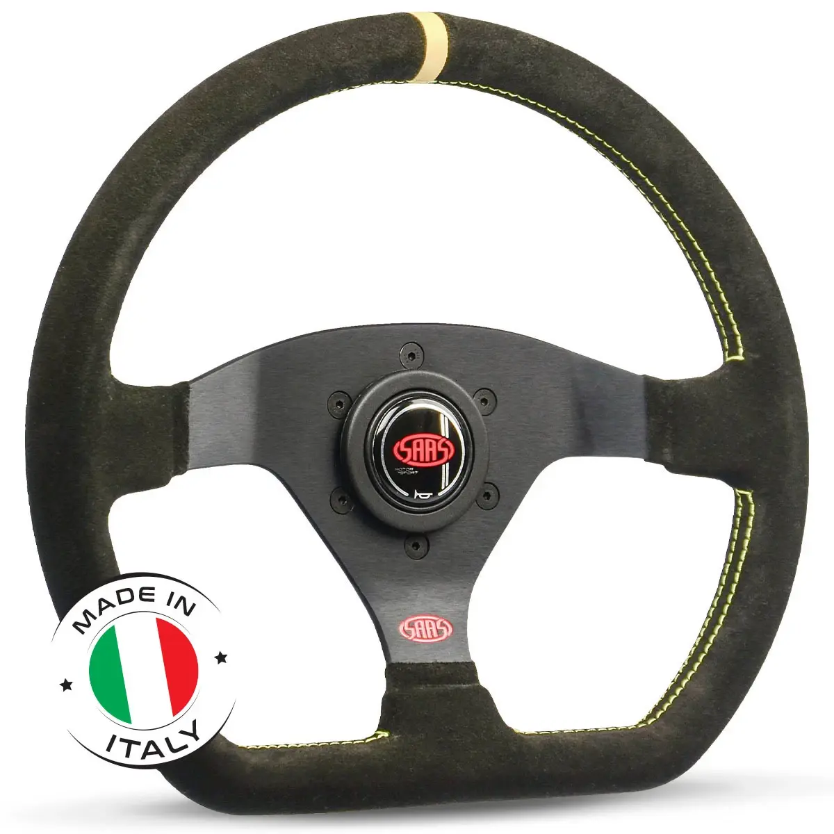 (12.6") SUEDE, Racing, Flat Bottom, Black Spokes, Yellow Stitch ...